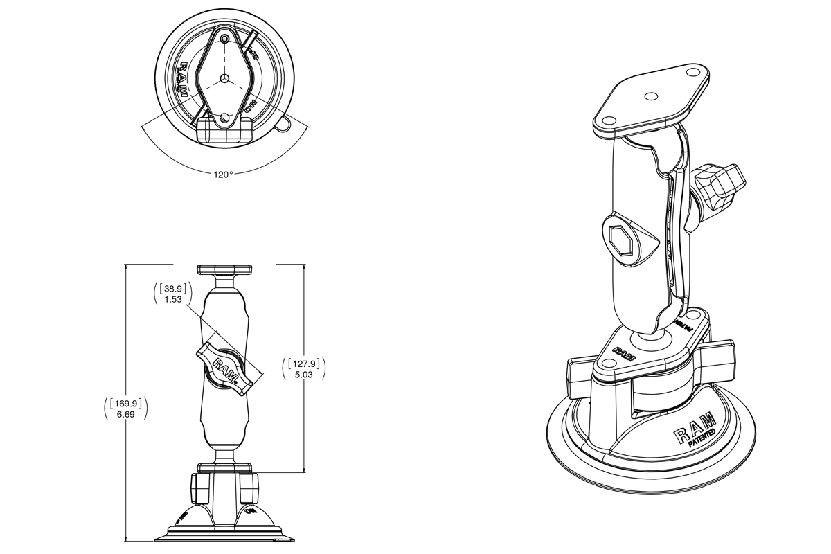 Buy the RAM Suction Cup Double Ball Mount Medium Arm RAM-B-166U from ...
